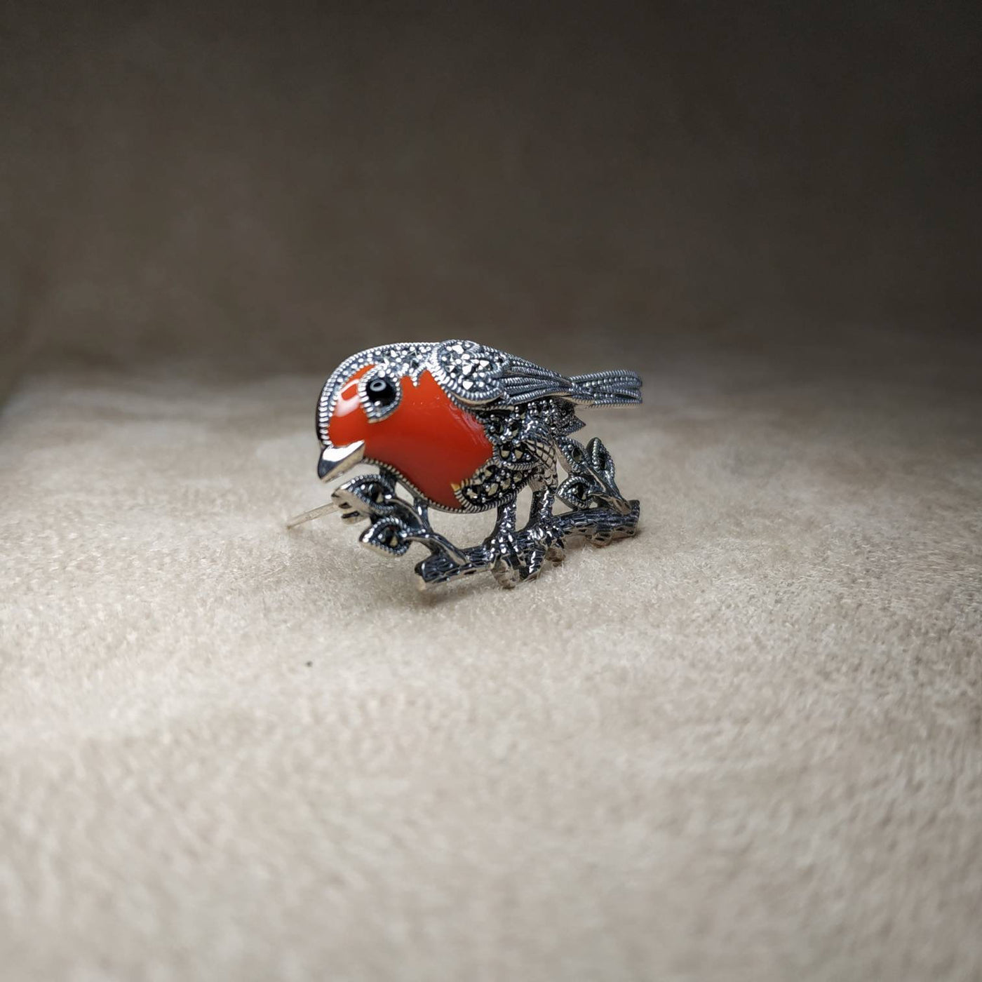 Red Enamel Robin Brooch Silver Marcasite