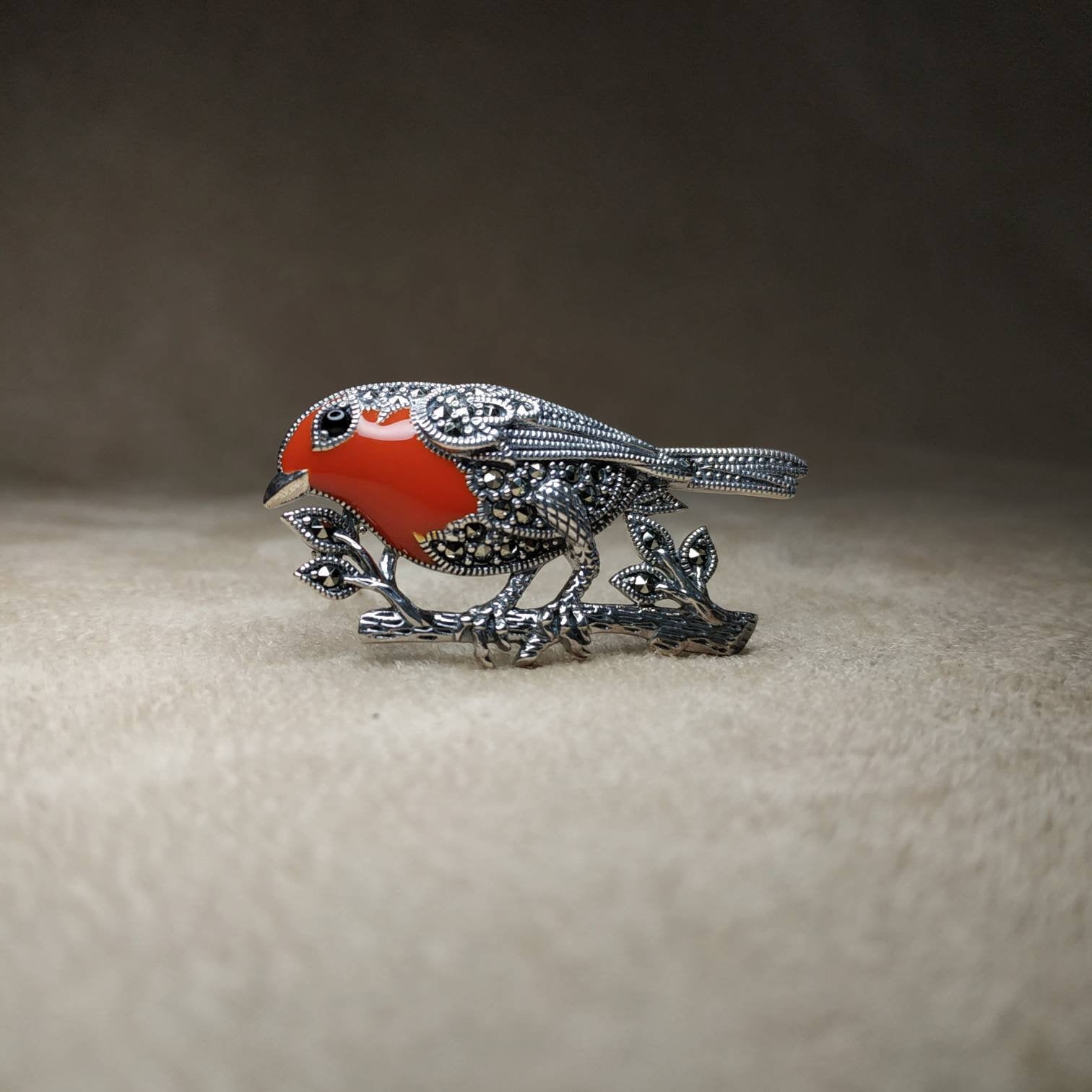 Red Enamel Robin Brooch Silver Marcasite