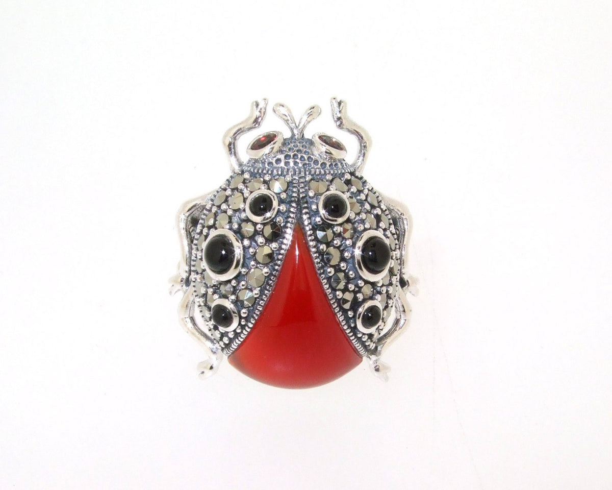 Ladybug Ring Silver Marcasite Coral Black Onyx Ladybird
